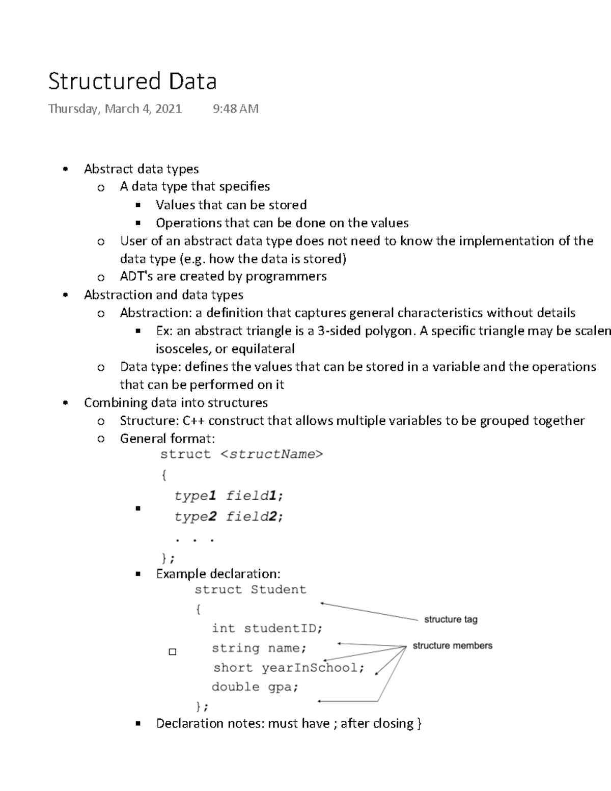 Structured Data - Lecture notes 7 - Abstract data types A data type ...