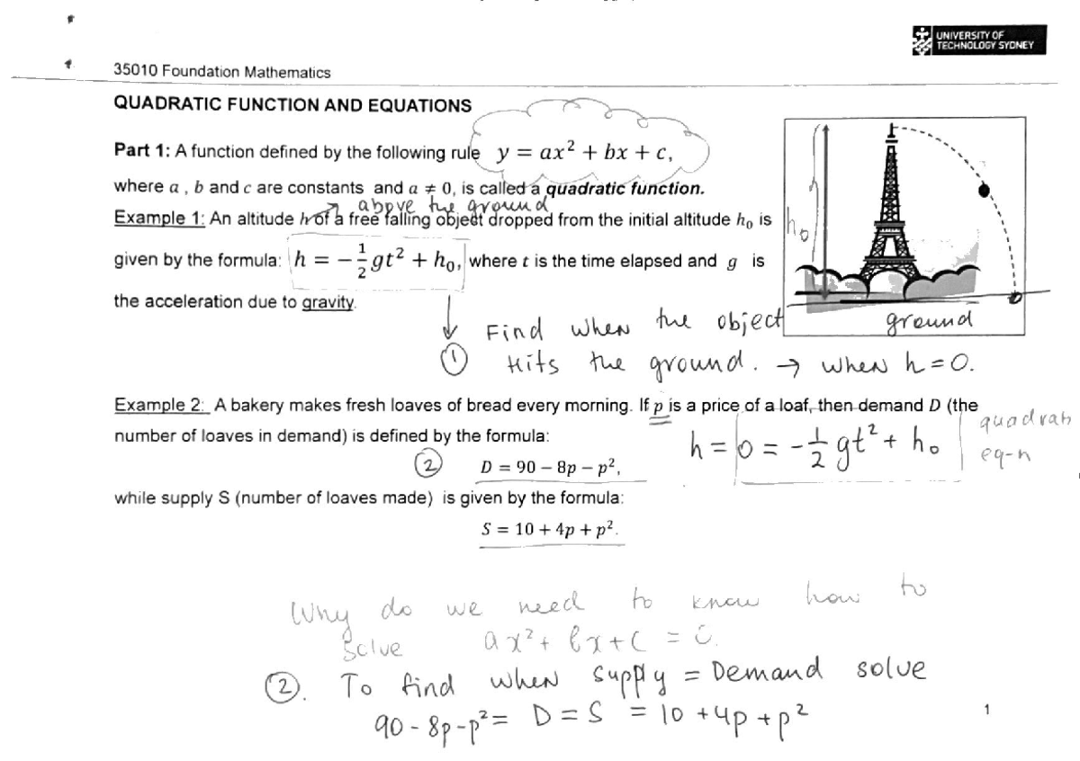The annotated notes from lecture 3, cover Quadratic functions and ...
