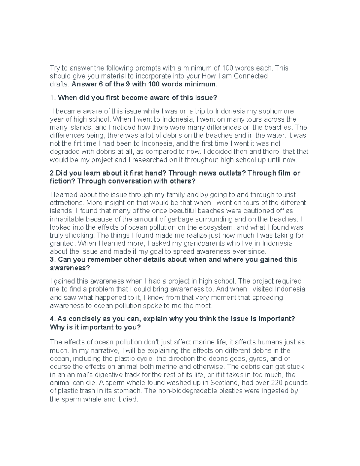 Writing Towards Our Connection - Try to answer the following prompts ...