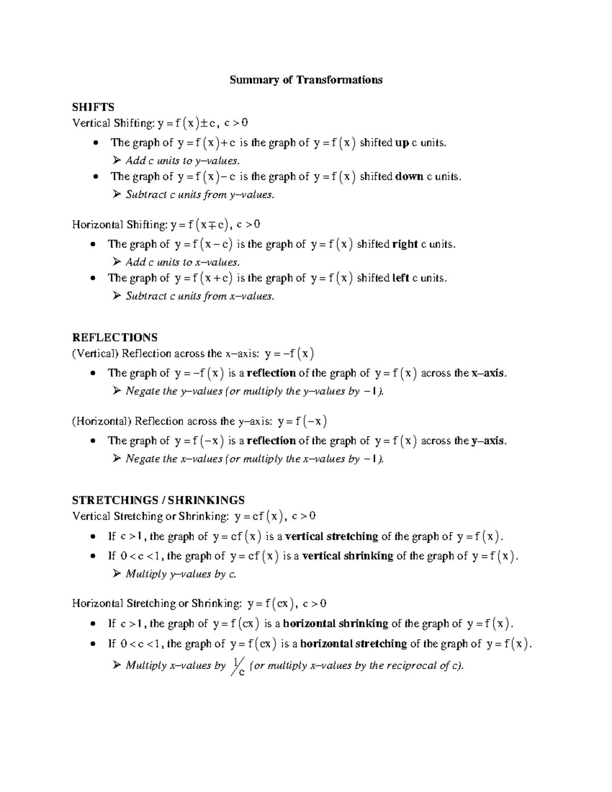 MTH141 Sec 2.2 Summary of Transformations - Summary of Transformations ...