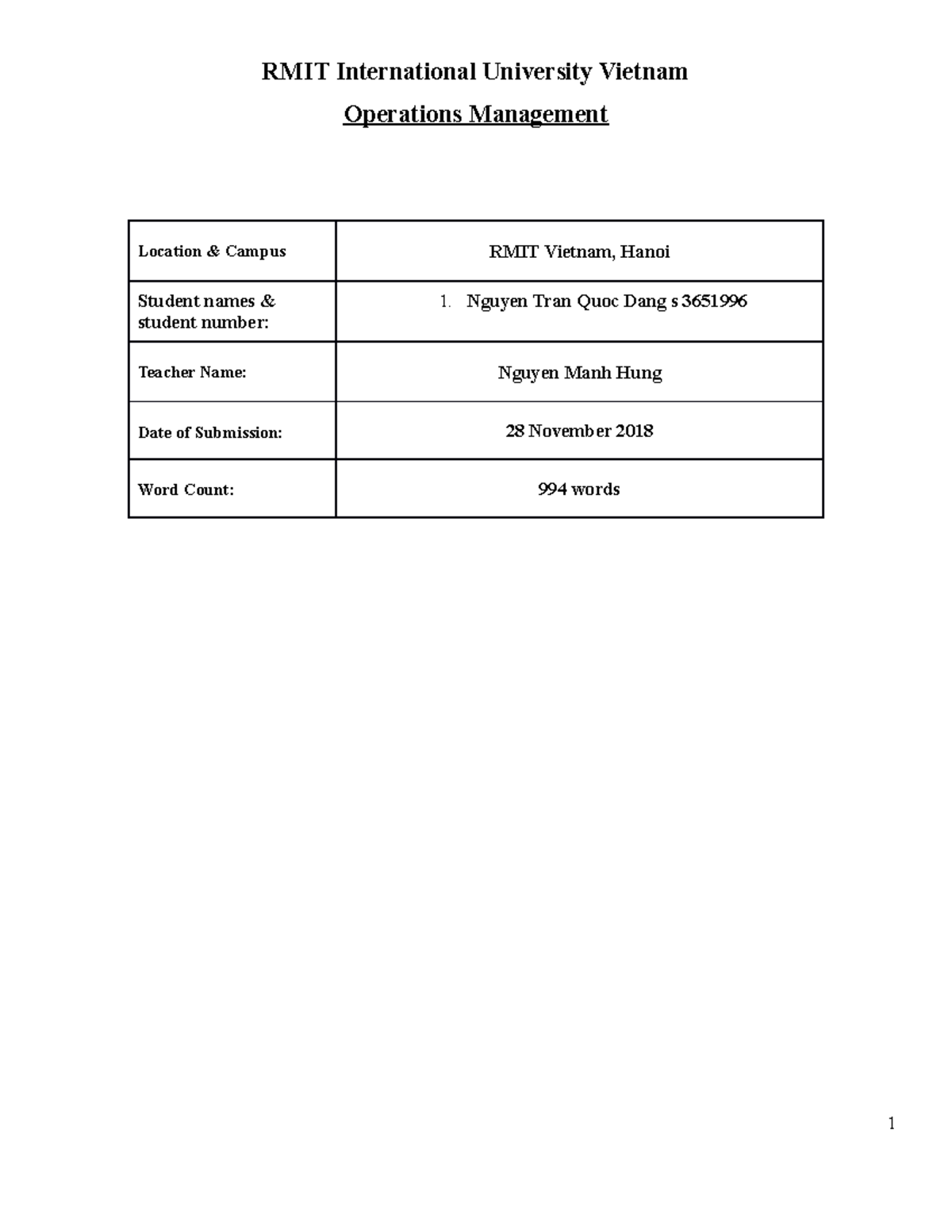Operation Management Assignment 1 - Dang Nguyen Tran Quoc - s3651996 ...
