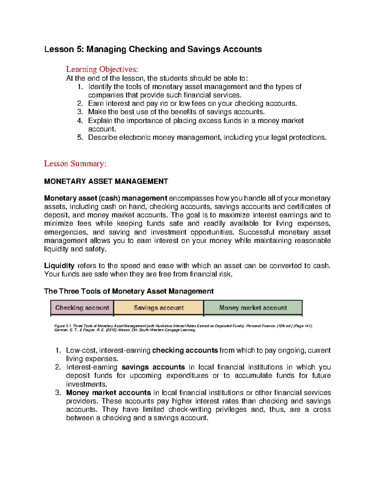 Lesson 5-Managing Checking and Savings Accounts - Lesson 5: Managing ...