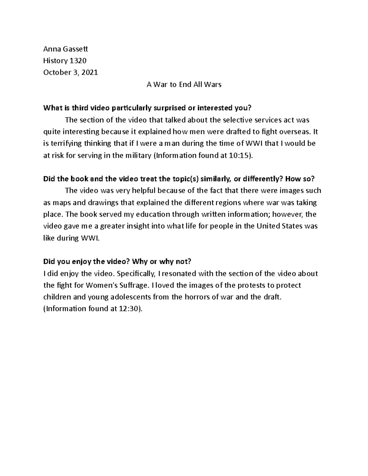 A War to End All Wars Questions - Anna Gasset History 1320 October 3 ...