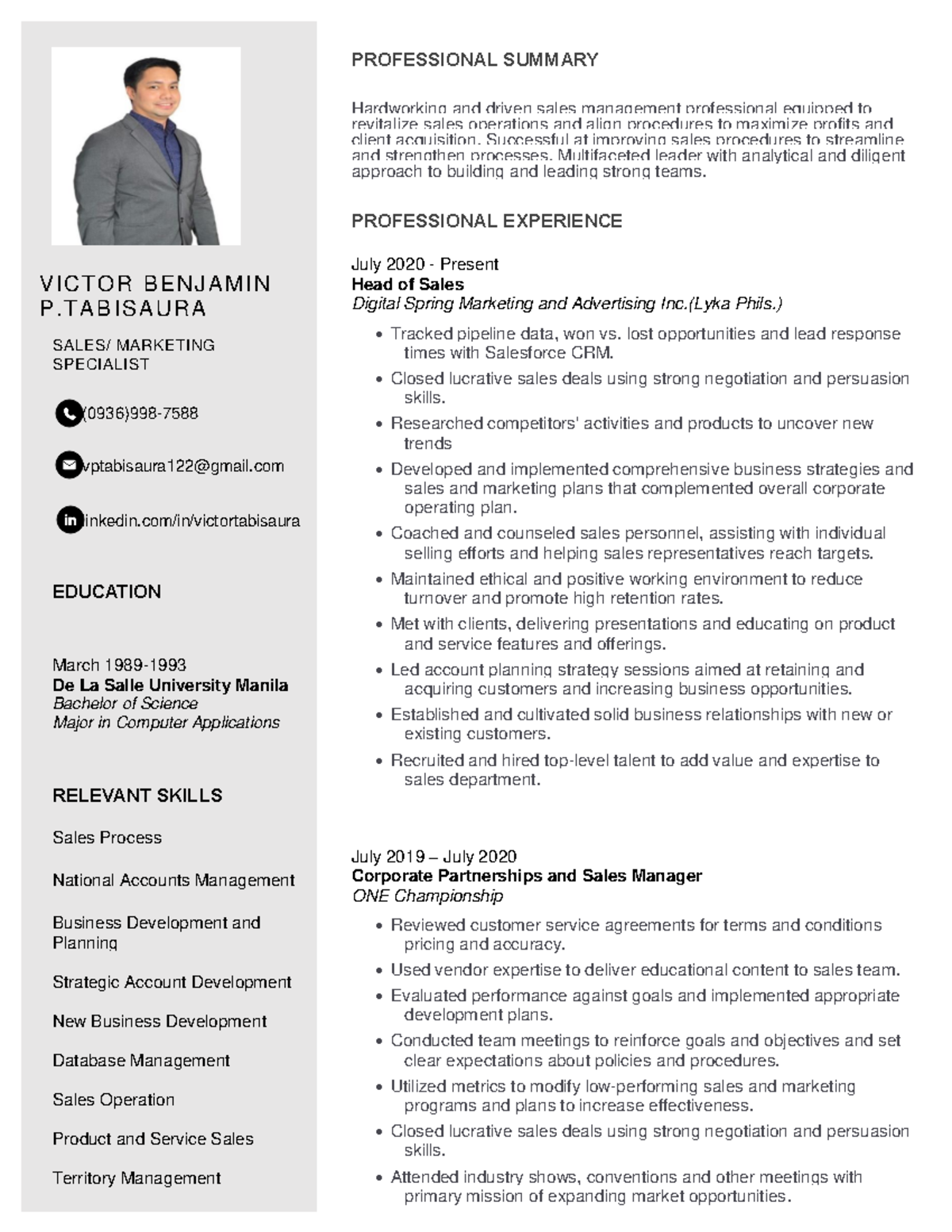 Resume Victor Tabisaura - V I C T O R B E N J A M I N P. T A B I S A U ...