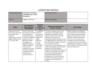 Literature- Matrixfinal - LITERATURE MATRIX Authors Major Objective/s ...