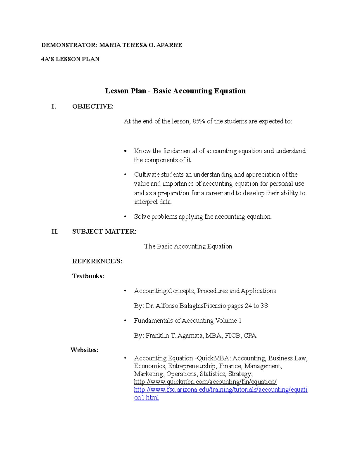 Lesson Plan- accounting equation final - DEMONSTRATOR: MARIA TERESA O ...