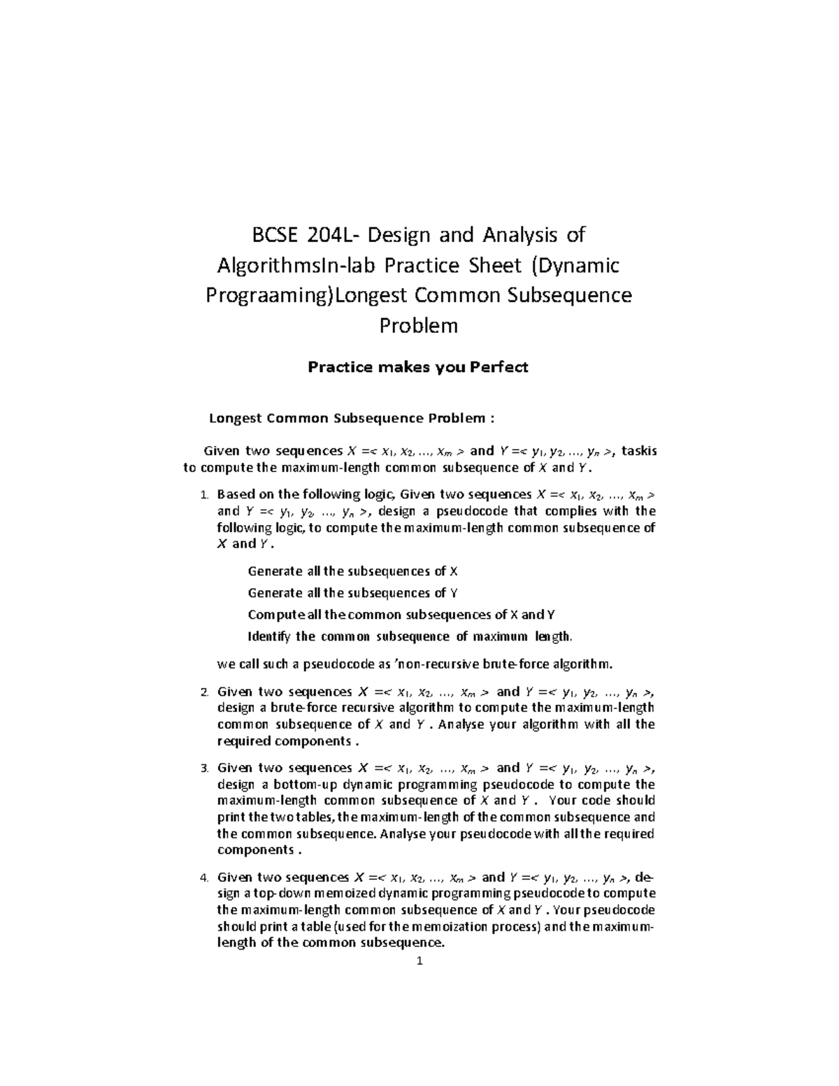 LCS - Least common sub sequence problem in daa - 1 BCSE 204L- Design ...