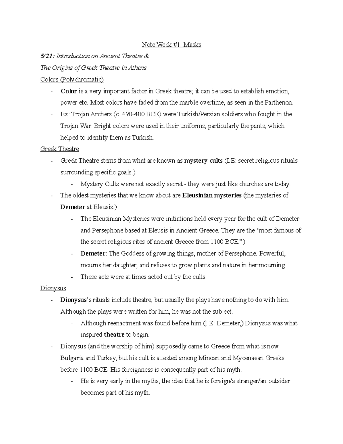 Theatre History Notes - Note Week Masks Introduction on Ancient Theatre ...