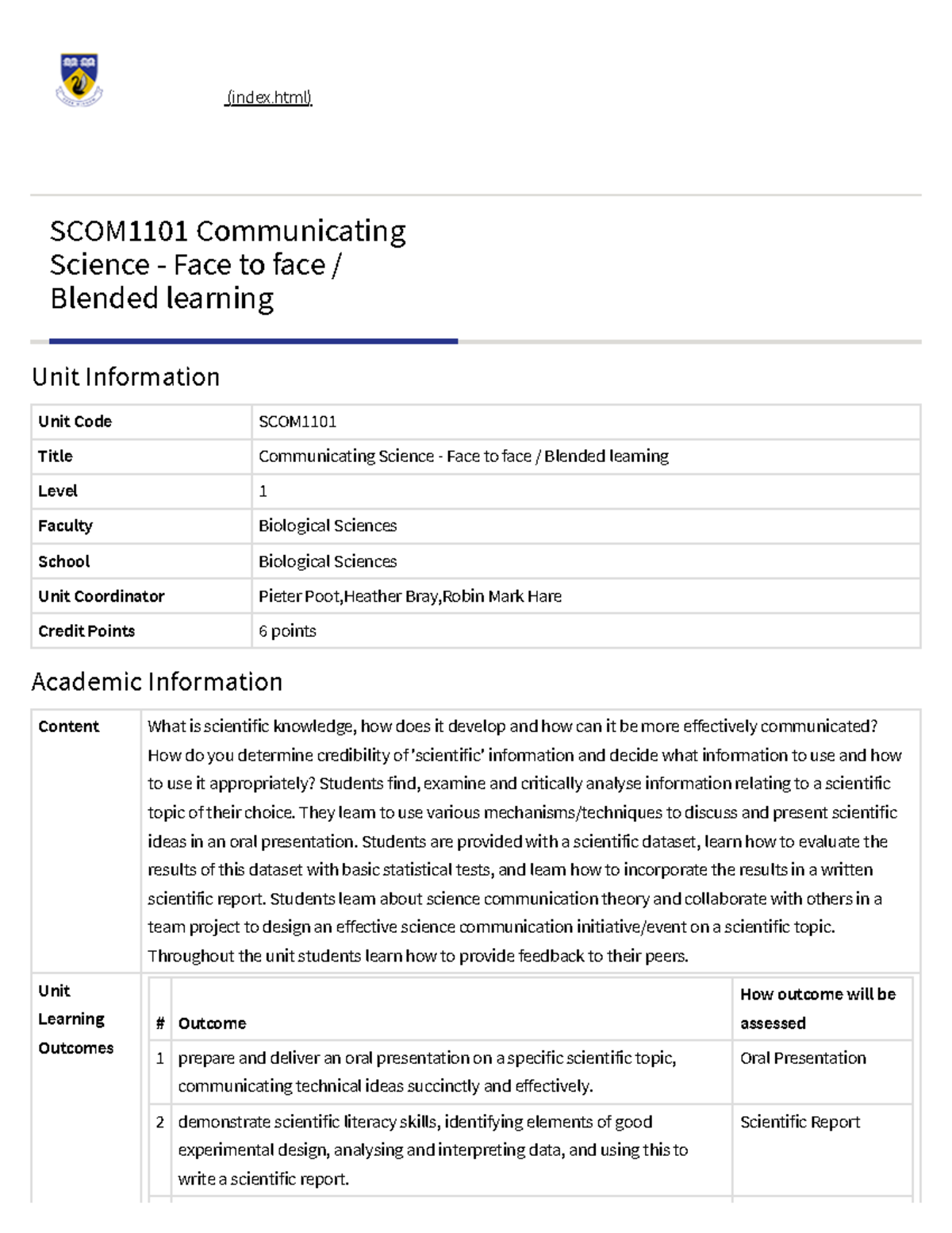 Unit Outline - SCOM1101 Communicating Science - Face to face Blended ...