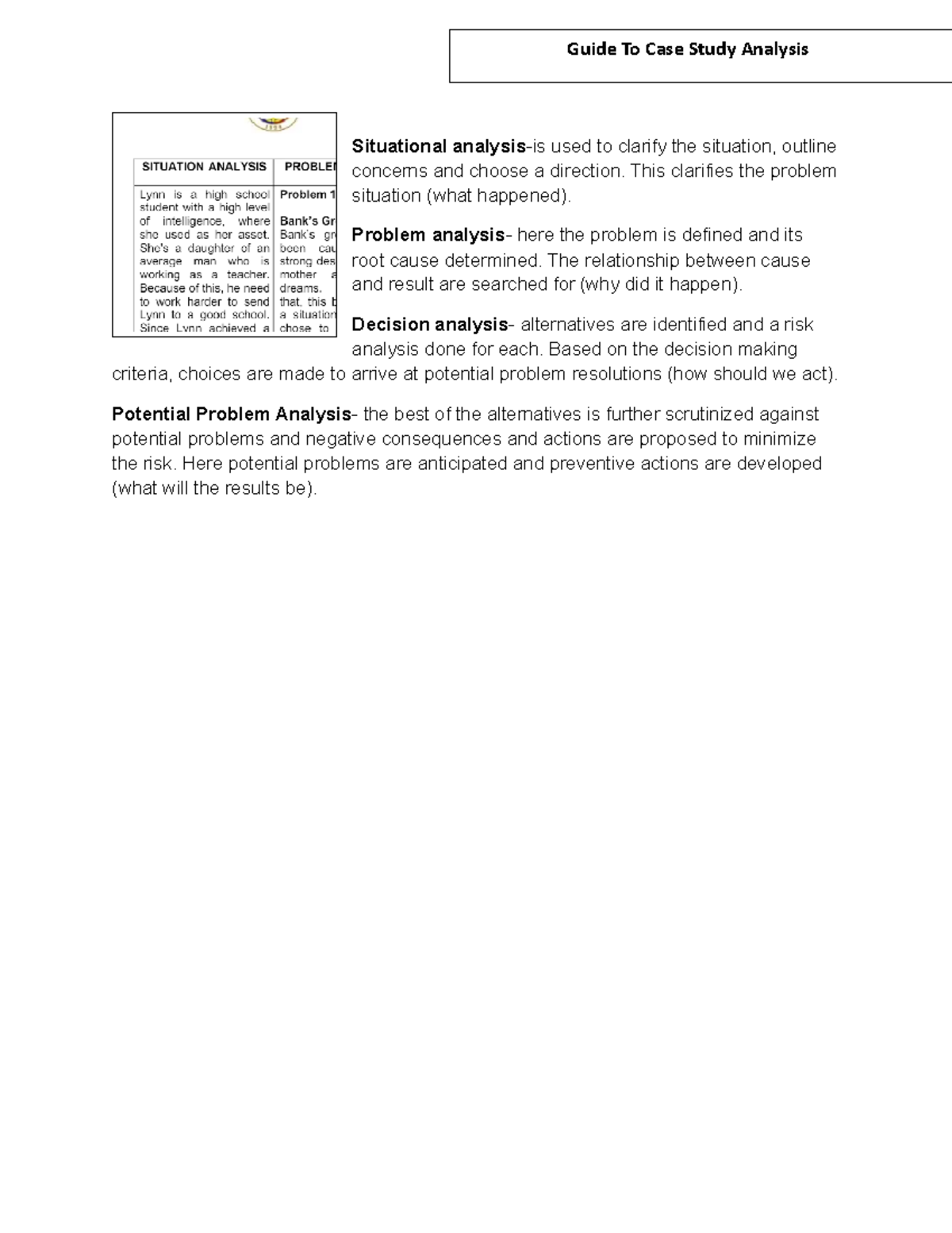 Case-study - Case-study Guide - Situational analysis-is used to clarify ...