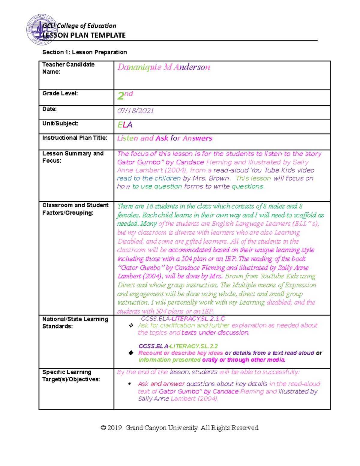 Listening And Speaking Lesson Plan Done LESSON PLAN TEMPLATE Section
