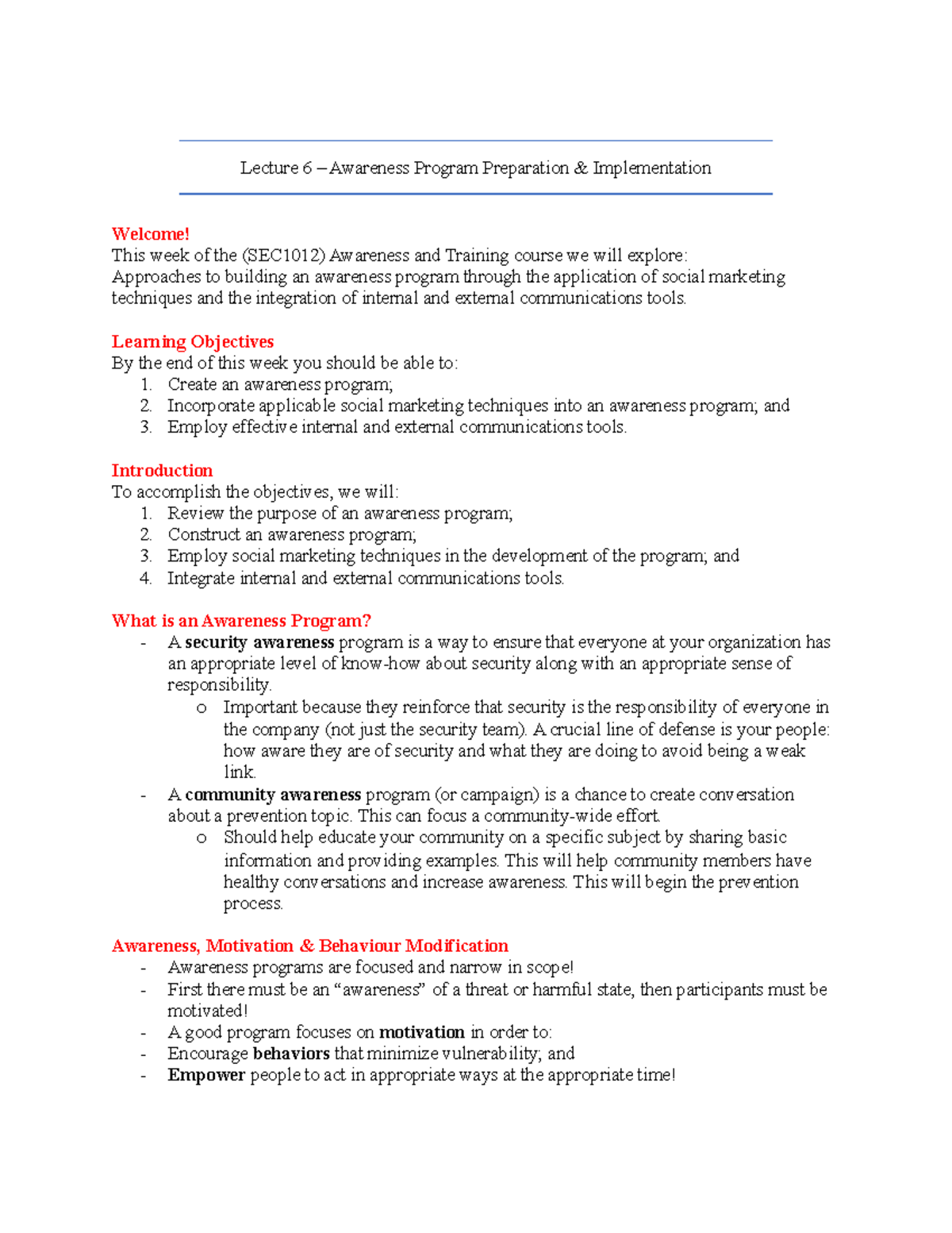 Lecture 6 - Awareness Program Preparation & Implementation - Lecture 6 ...
