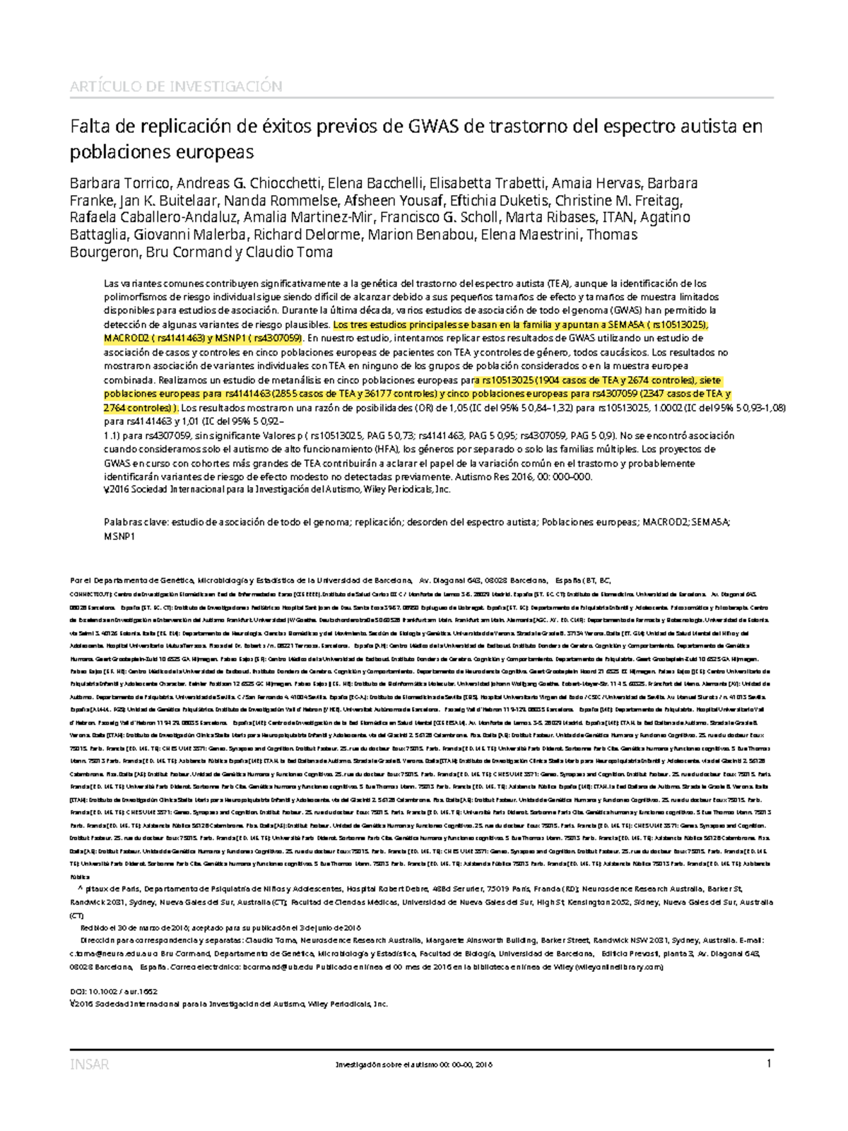 Lack of Replication of Previous Autism Spectrum Disorder GWAS Hits ...