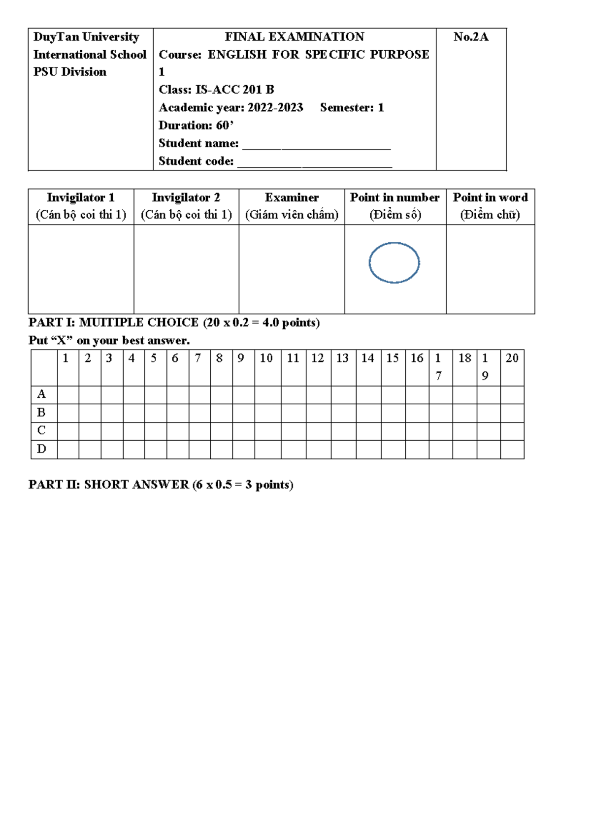 Final TEST - Psueng 130-2A - DuyTan University International School PSU ...