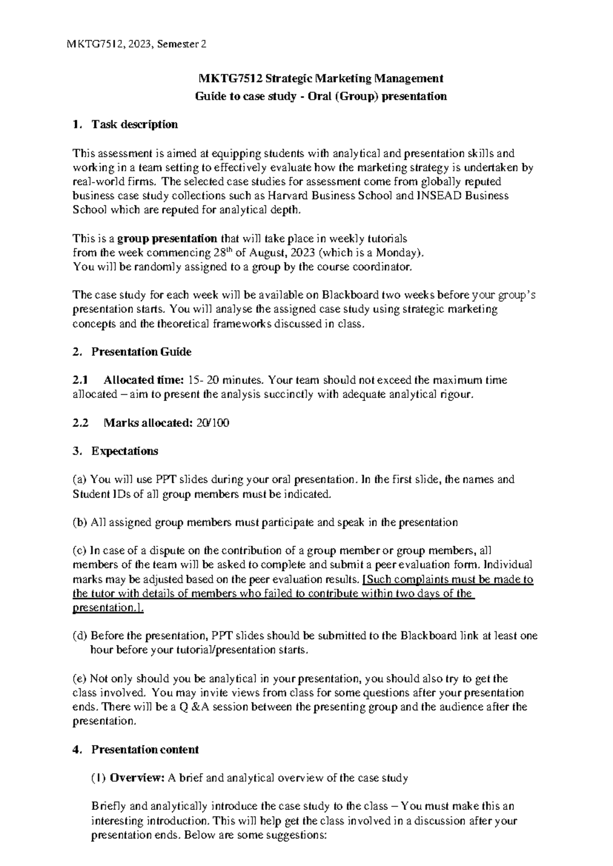 MKTG7512 Strategic Marketing Management Case Study Presentation Guide ...
