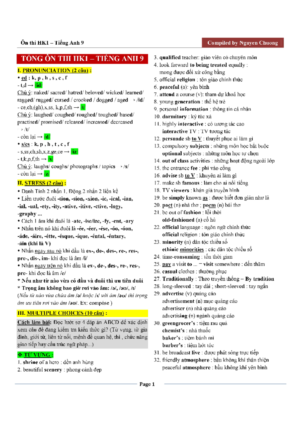 English 9 - TỔNG ÔN THI HK1 - Shared - English 123 - Studocu
