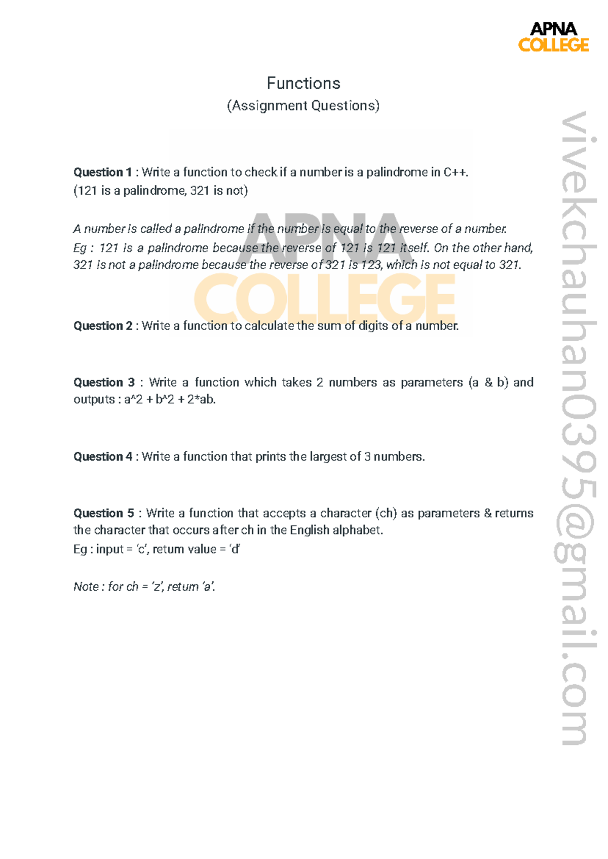 1-Functions Questions - Functions (Assignment Questions) Question 1 ...