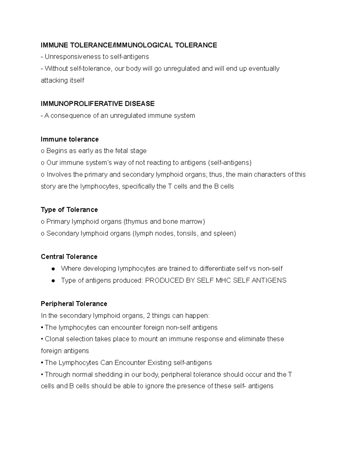 Immune Tolerance Notes PART 1 - IMMUNE TOLERANCE/IMMUNOLOGICAL ...