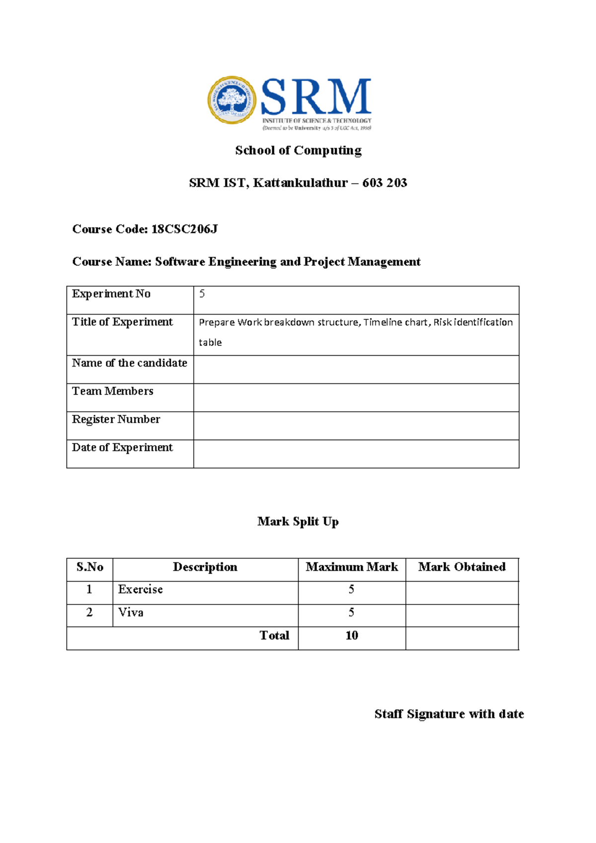 Sepm 5 - lab - School of Computing SRM IST, Kattankulathur – 603 203 ...