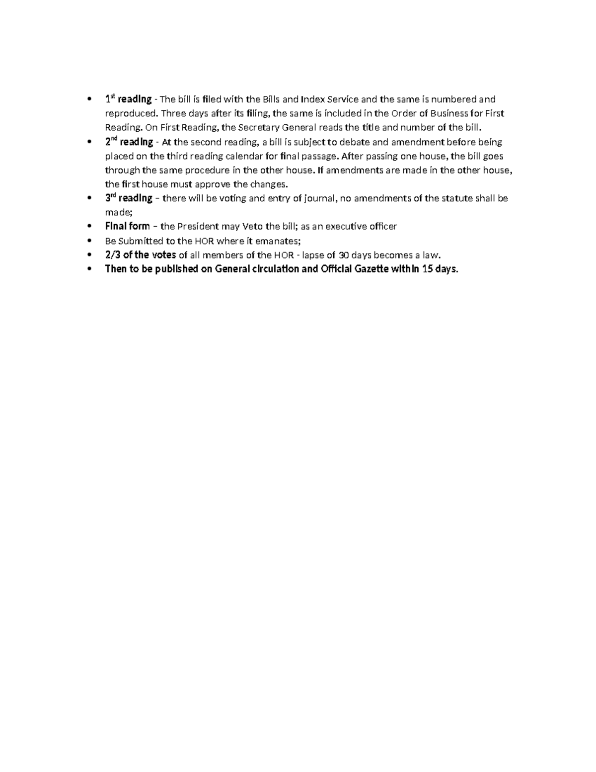 Steps that a Bill becomes a law - 1 st reading - The bill is filed with ...