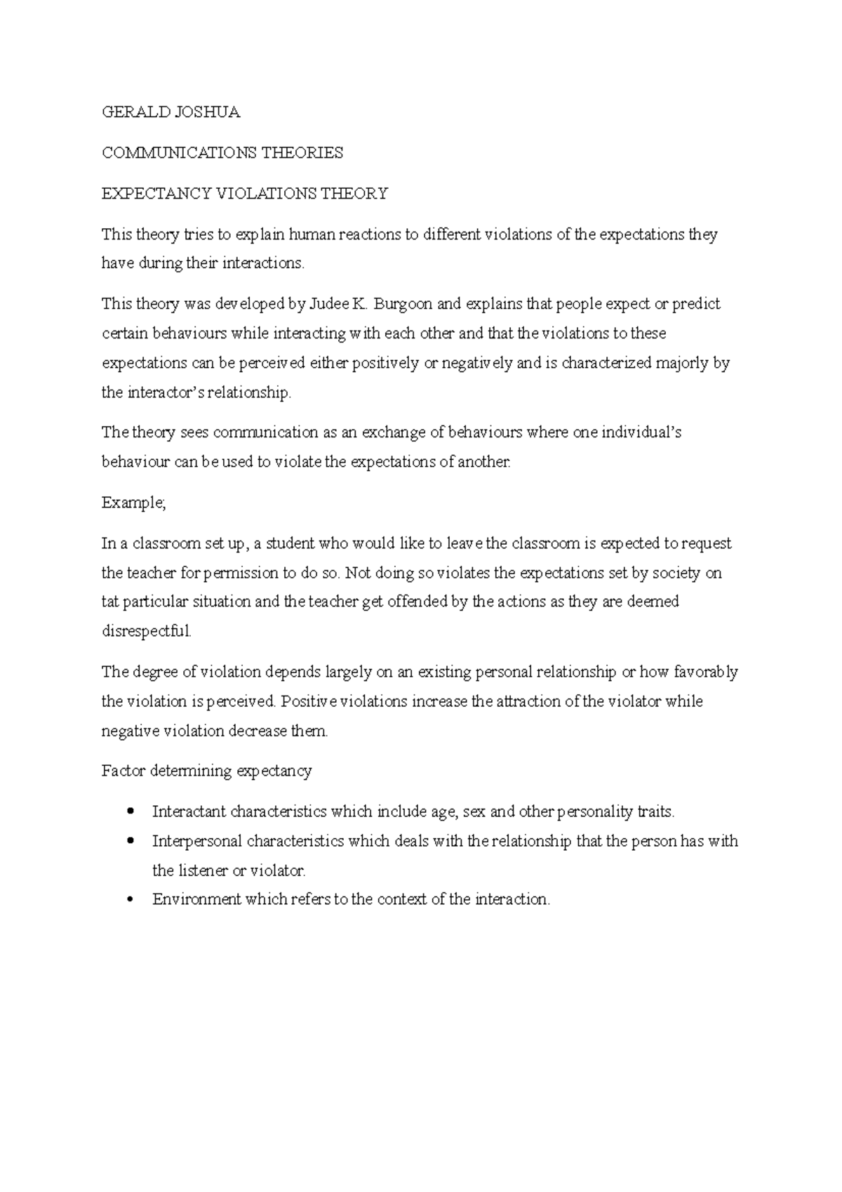 Expectancy violations - GERALD JOSHUA COMMUNICATIONS THEORIES ...