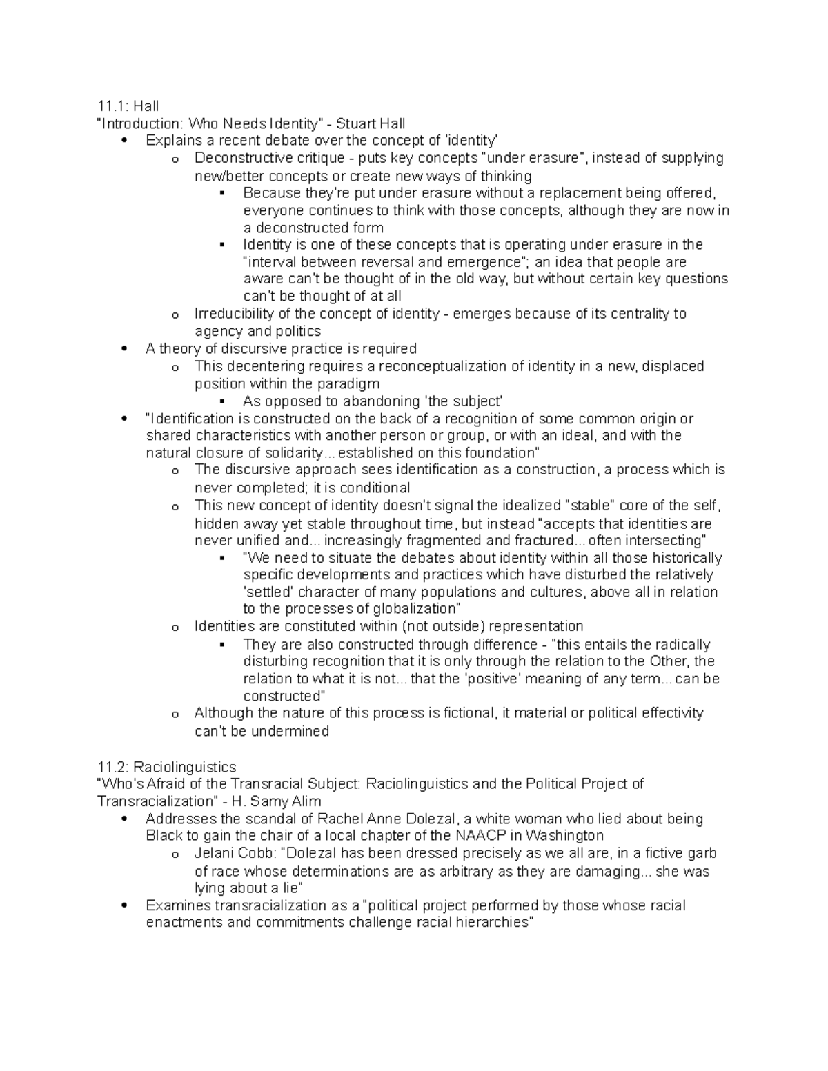 Week 11 readings - 11: Hall “Introduction: Who Needs Identity” - Stuart Hall Explains a recent ...