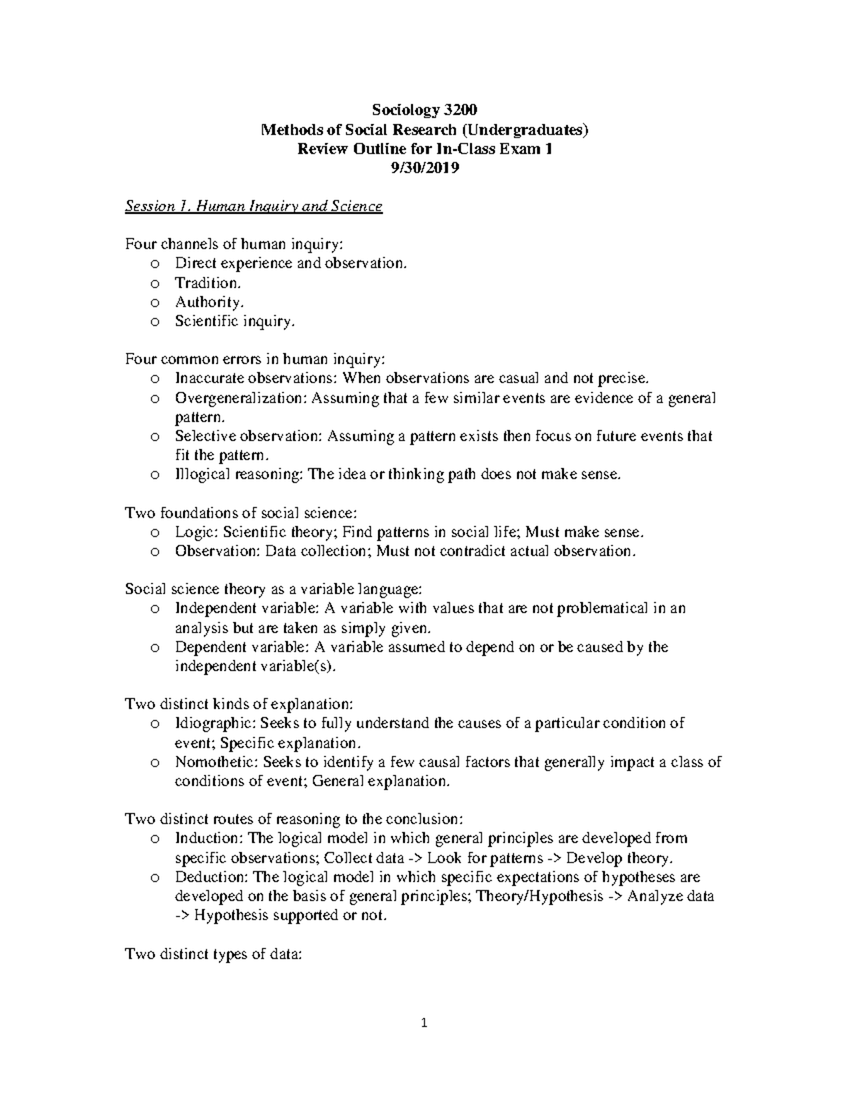 0930-Review Outline for In-Class Exam 1 - Warning: TT: undefined function: 32 Sociology 3200 ...