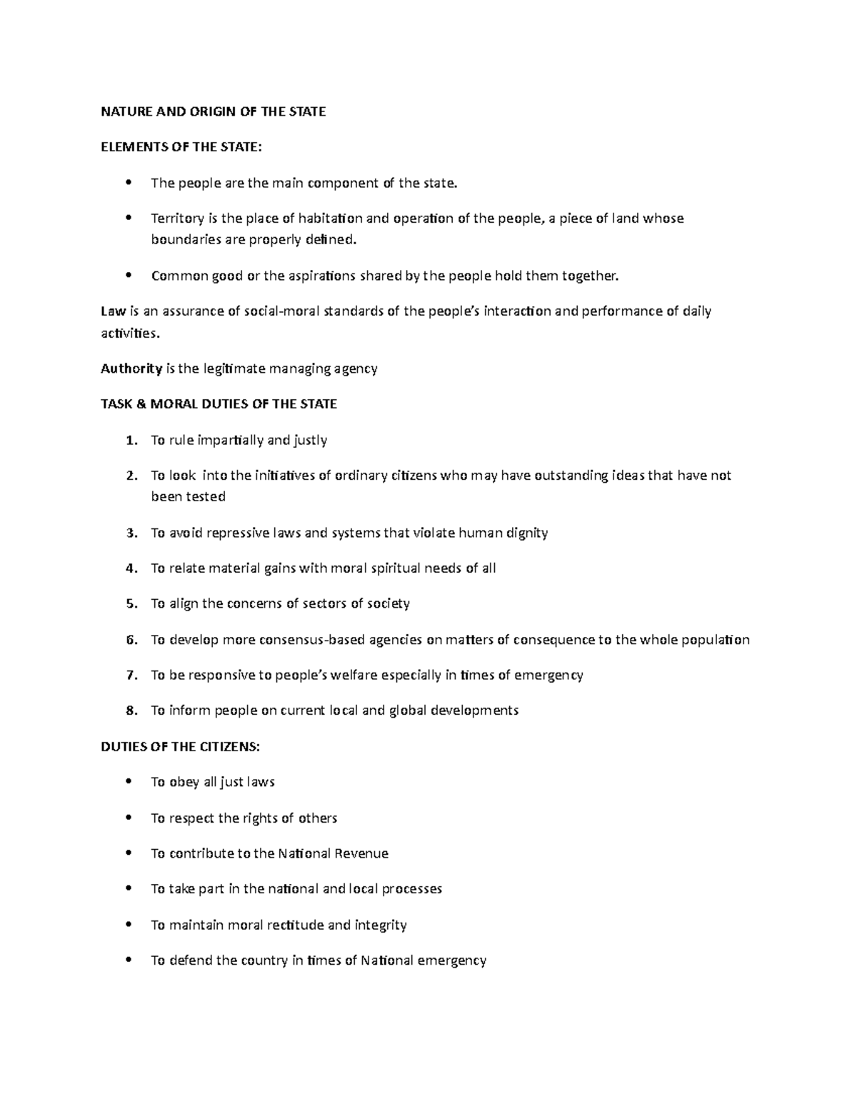 Nature AND Origin OF THE State & Duties OF Citizens - fcl notes ...