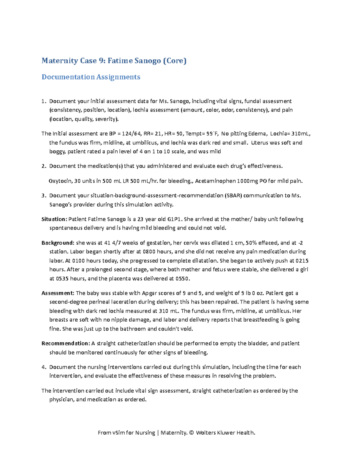Maternity Case 09 Fatime Sanogo Core Documentation - Sanogo, including ...