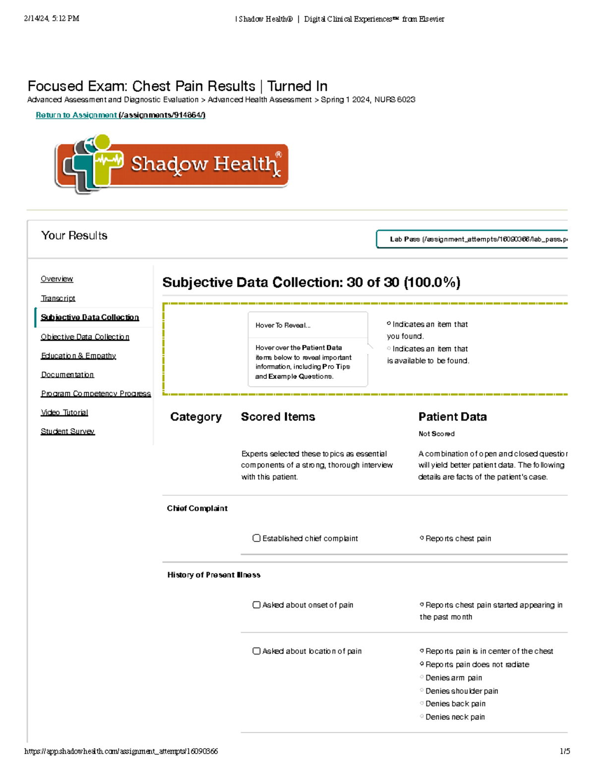 Focused Chest Pain Shadow Health - Focused Exam: Chest Pain Results ...