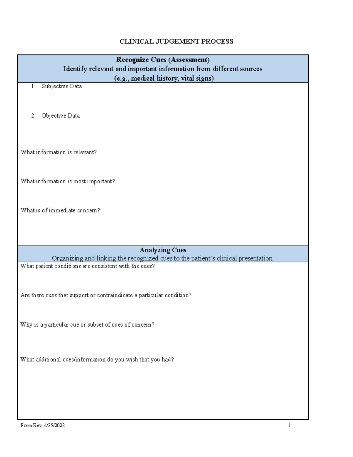 CJM Care Plan Form - Careplan - CLINICAL JUDGEMENT PROCESS Recognize ...