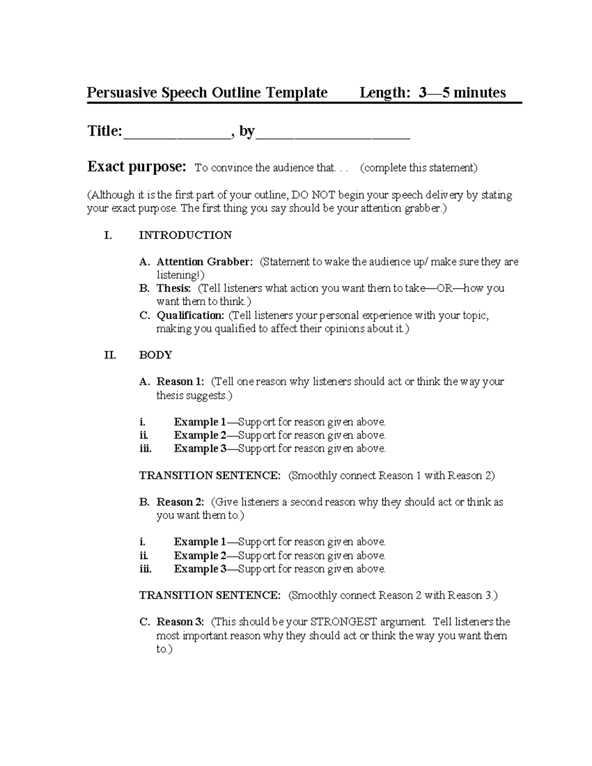 Persuasive Speech Template - Persuasive Speech Outline Template Length ...