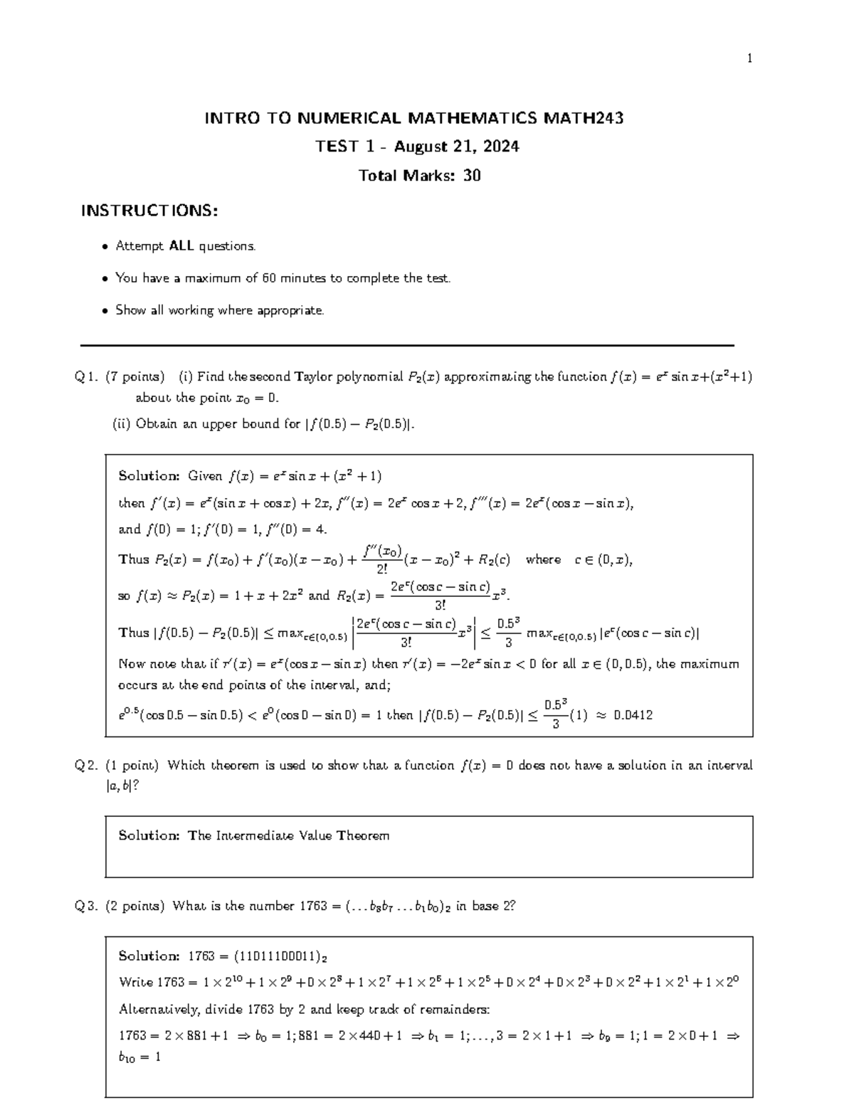 Math243-2024-Test 1 ans - 1 INTRO TO NUMERICAL MATHEMATICS MATH TEST 1 ...