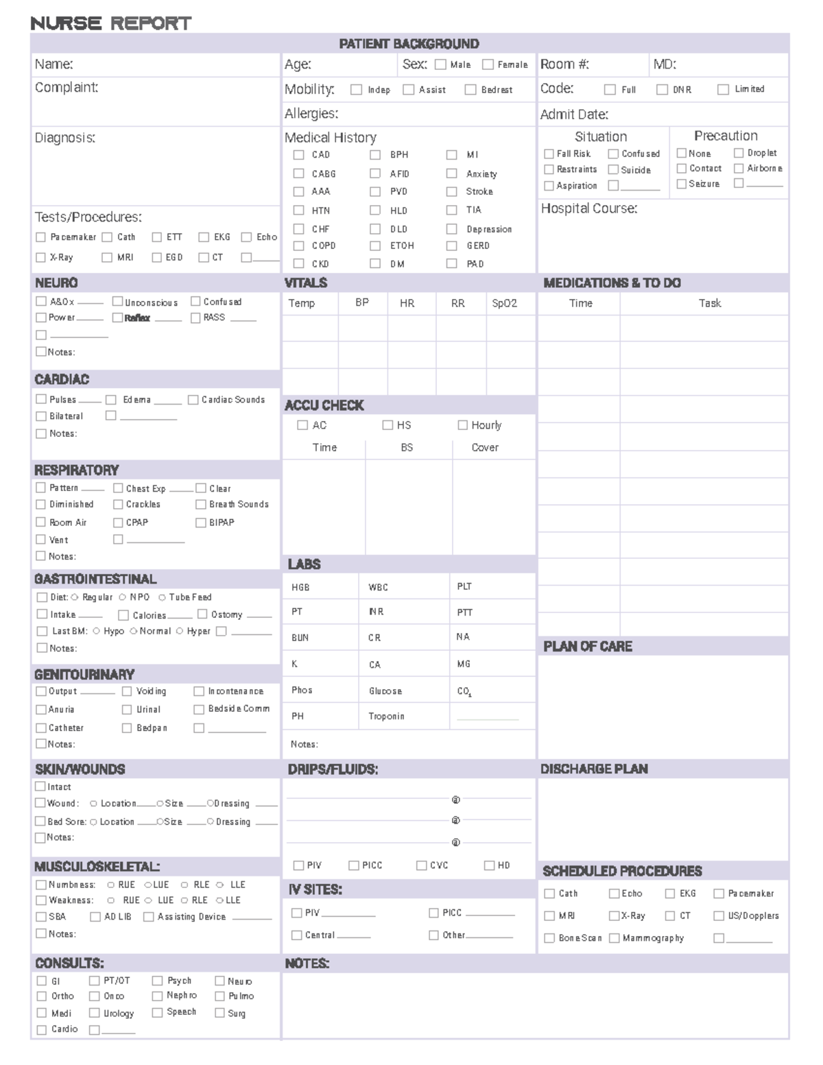 Mine - report sheet - Name: Room #: MD: Temp AC Time BP HS BS HR Hourly ...