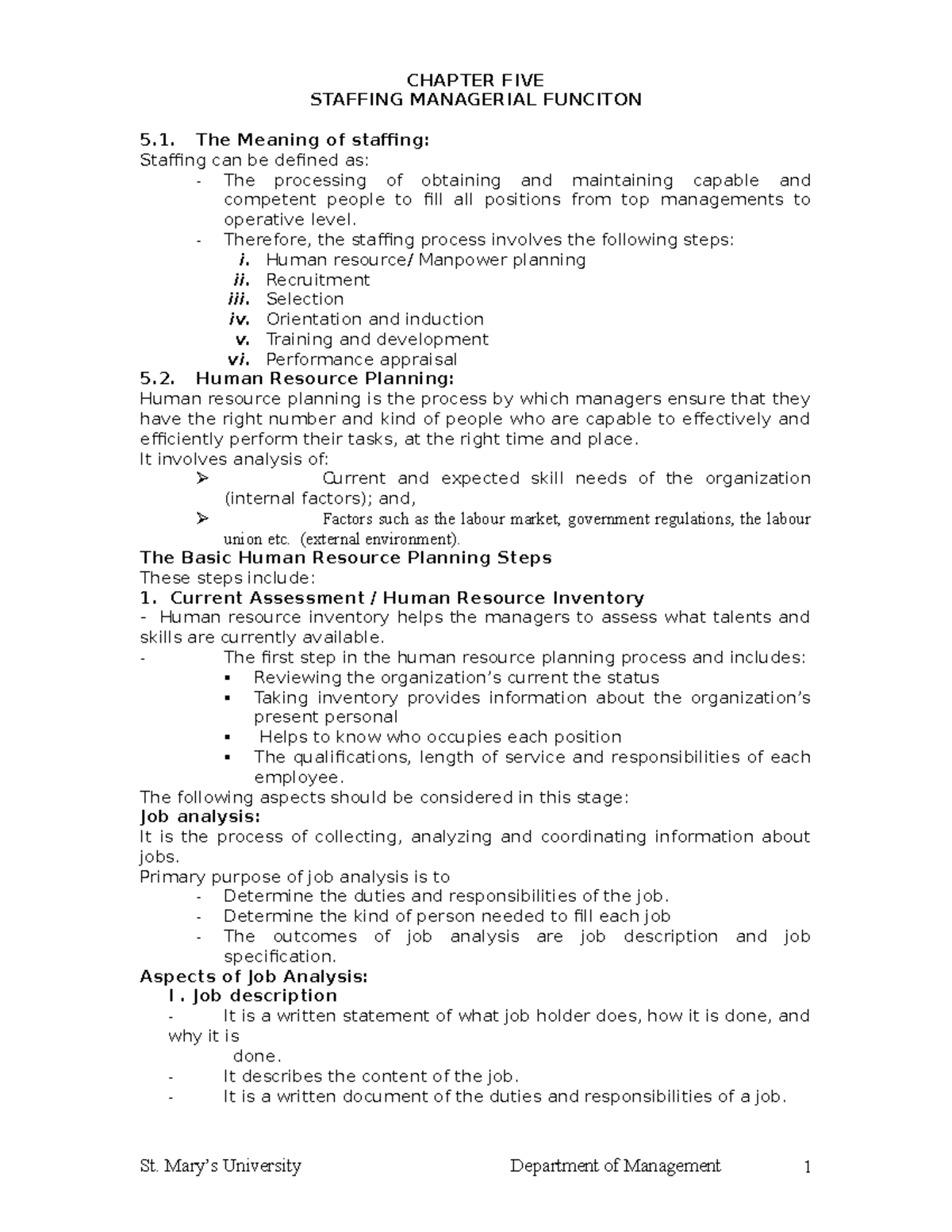 Chapter FIVE - intro to management - CHAPTER FIVE STAFFING MANAGERIAL ...