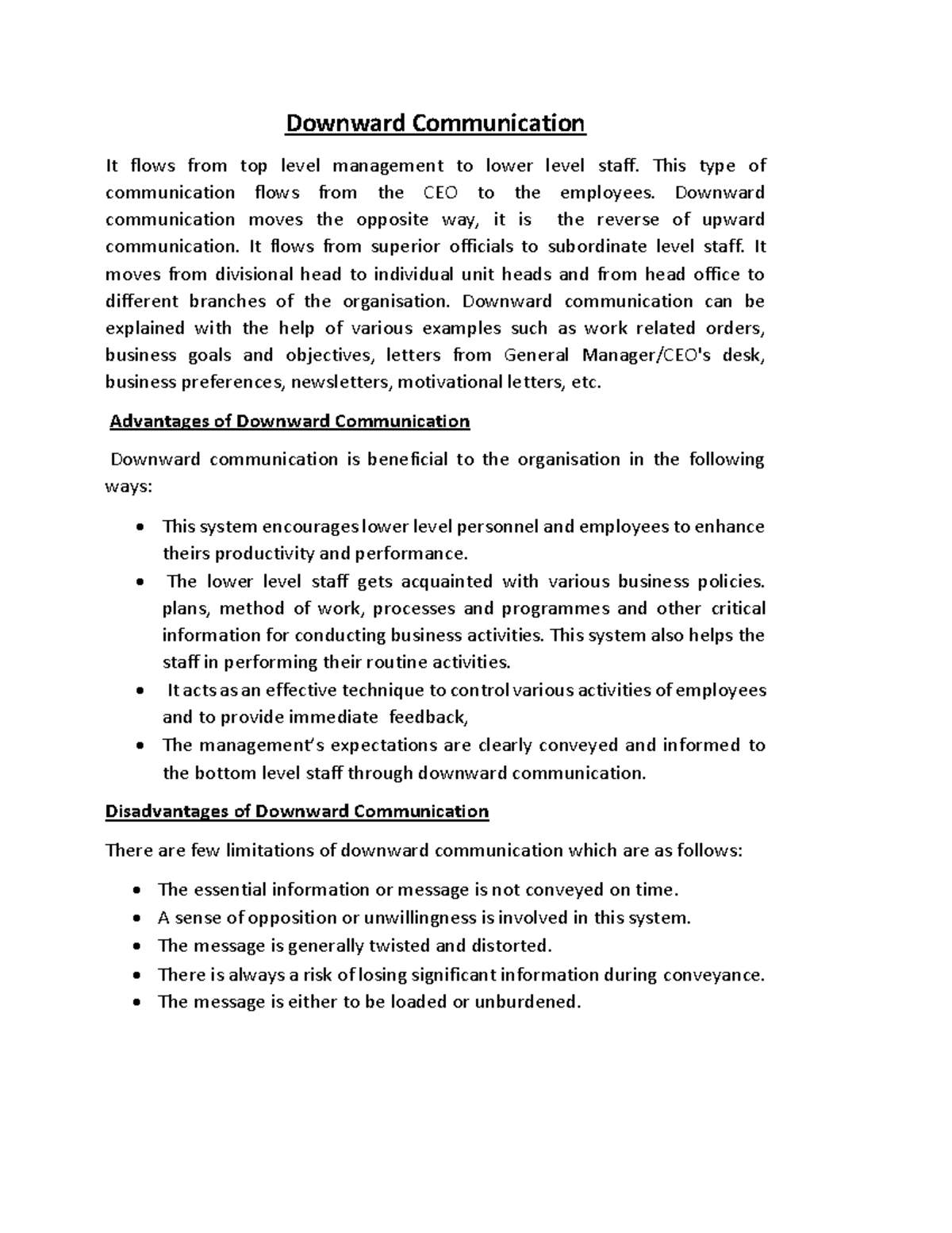 Downward Communication - This type of communication flows from the CEO ...