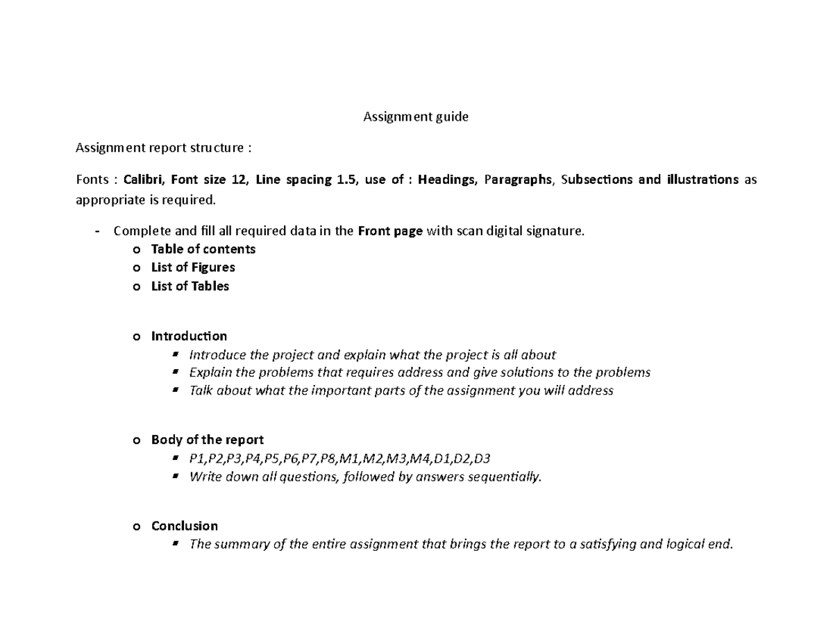 Assignment Guide Checklists Assignment Guide Assignment Report Structure Fonts Calibri