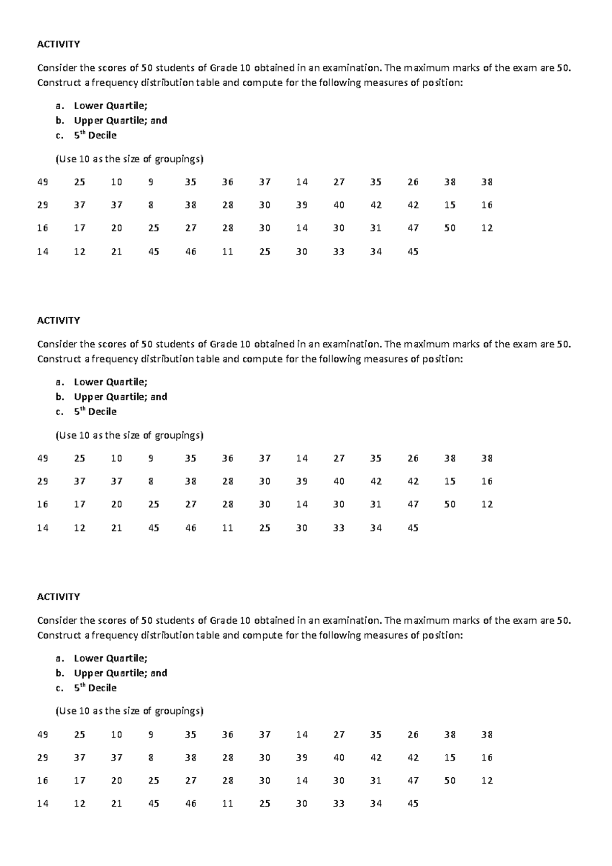Activity- Sheet- Grouped-DATA - ACTIVITY Consider the scores of 50 ...