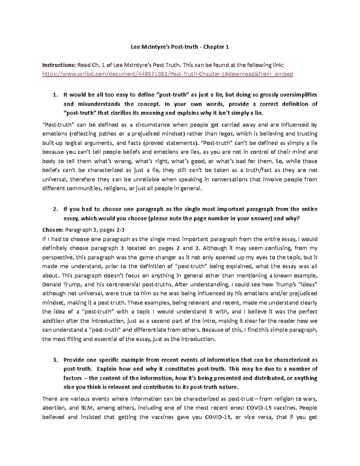 Lee Mclntyre's Writing Assignment - Lee McIntyre’s Post-truth - Chapter ...