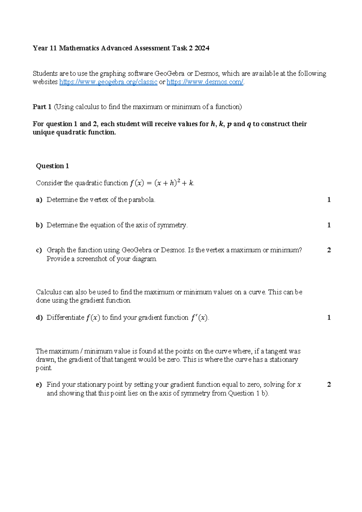 Year 11 Mathematics Advanced Assessment Task 2 2024 - Year 11 ...