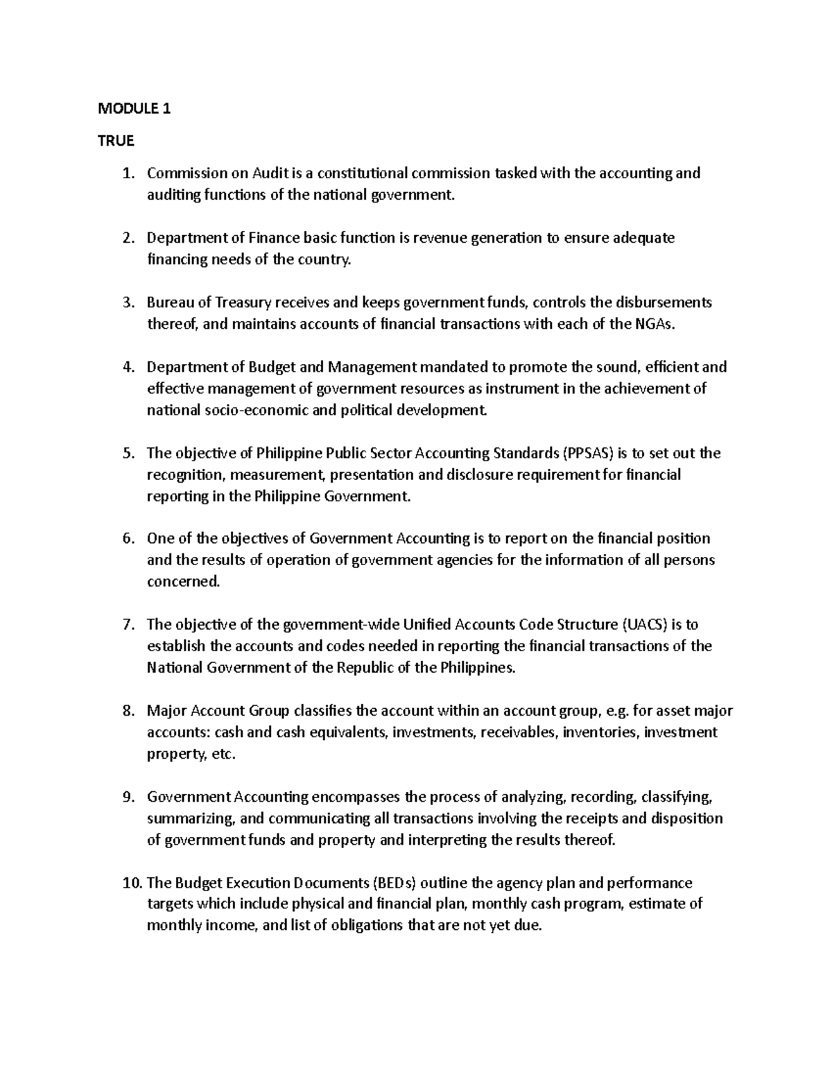 Government Accounting Module 1 - MODULE 1 TRUE Commission on Audit is a ...
