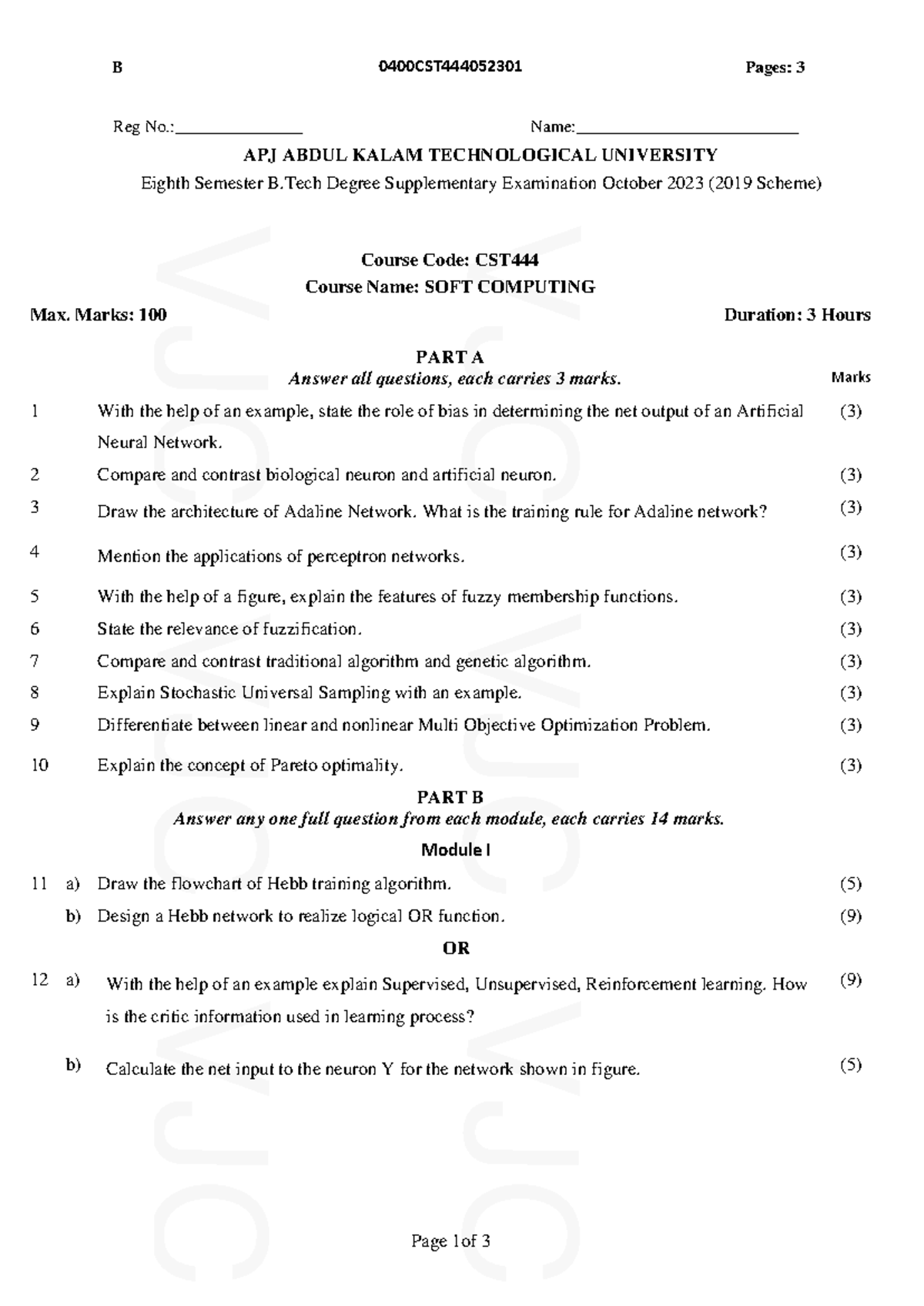 Cst444 B 0400cst Page 1 Of 3 Course Code Cst Course Name Soft Computing Max Marks 100