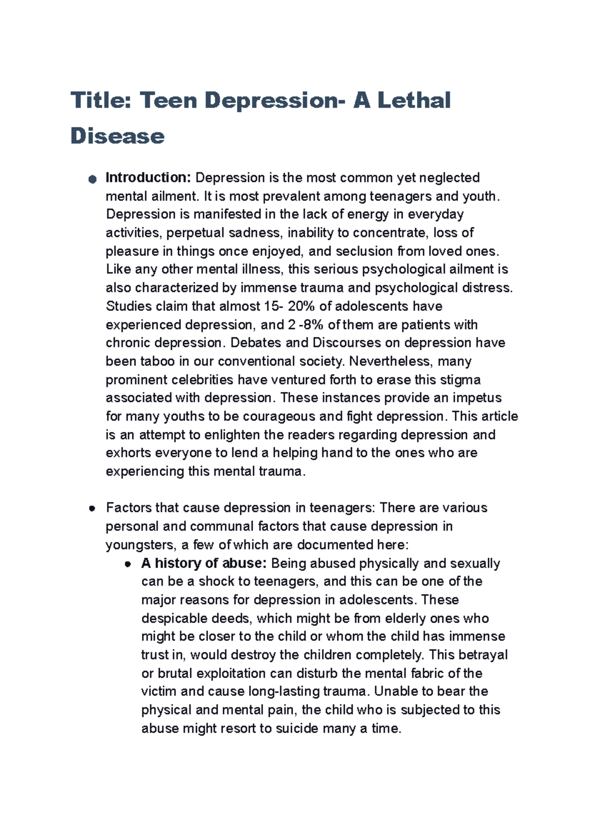 Psychology-teen-depression - Title: Teen Depression- A Lethal Disease ...