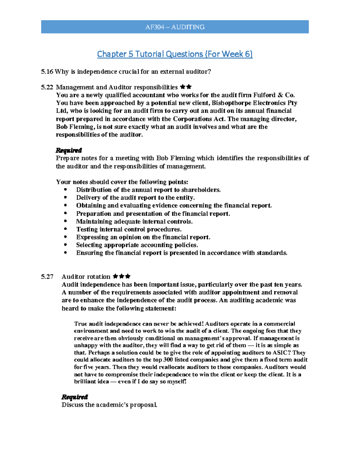 AF304 Ch5 Tut SC - Af 304 practice questions - AF304 – AUDITING Chapter 5 Tutorial Questions ...