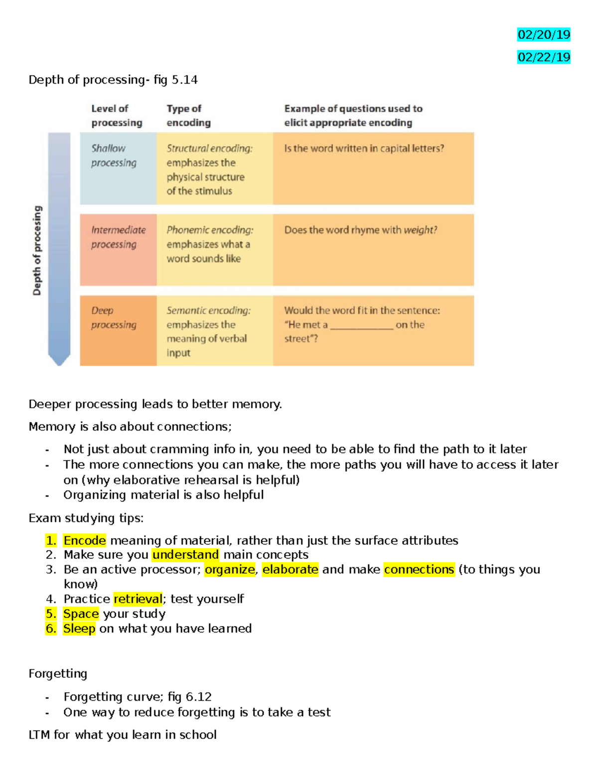 Notes - 02/20/ 02/22/ Depth of processing- fig 5. Deeper processing ...
