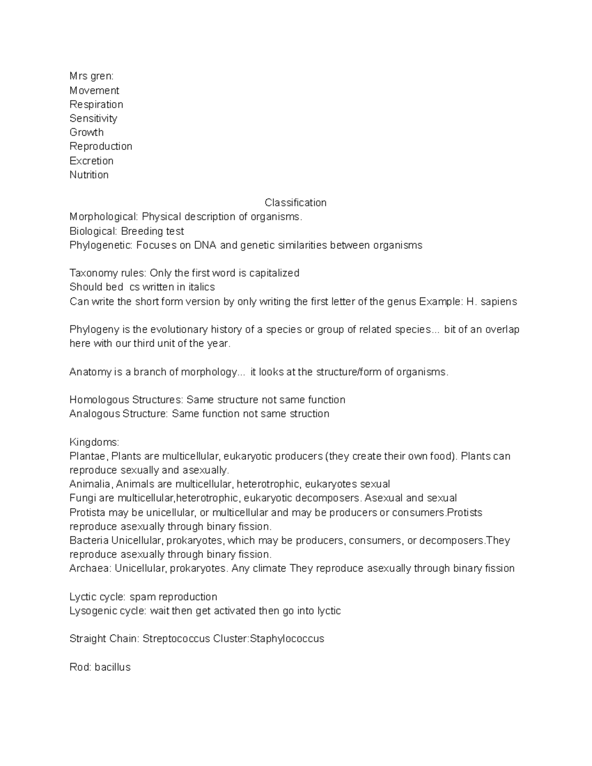 Bio quiz - Quiz notes for Biology - Mrs gren: Movement Respiration ...