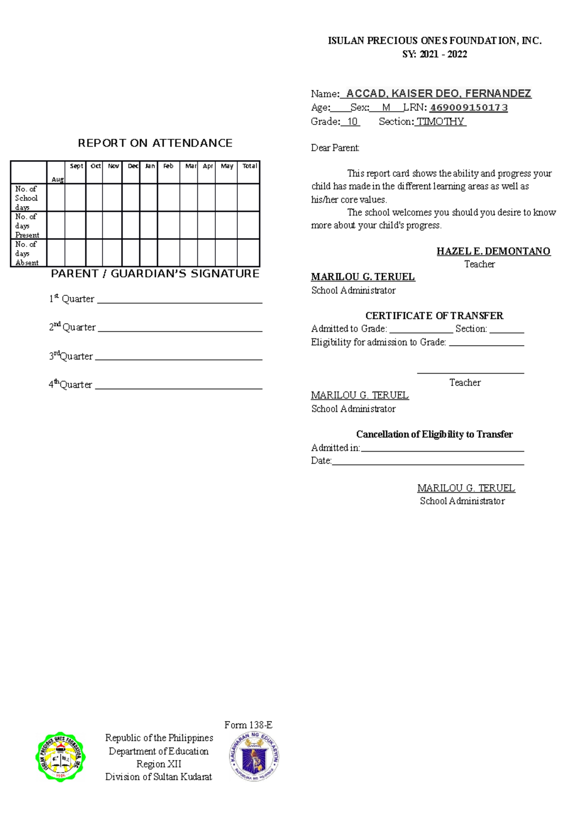 Report-Card-Gr - none - REPORT ON ATTENDANCE PARENT / GUARDIAN’S ...