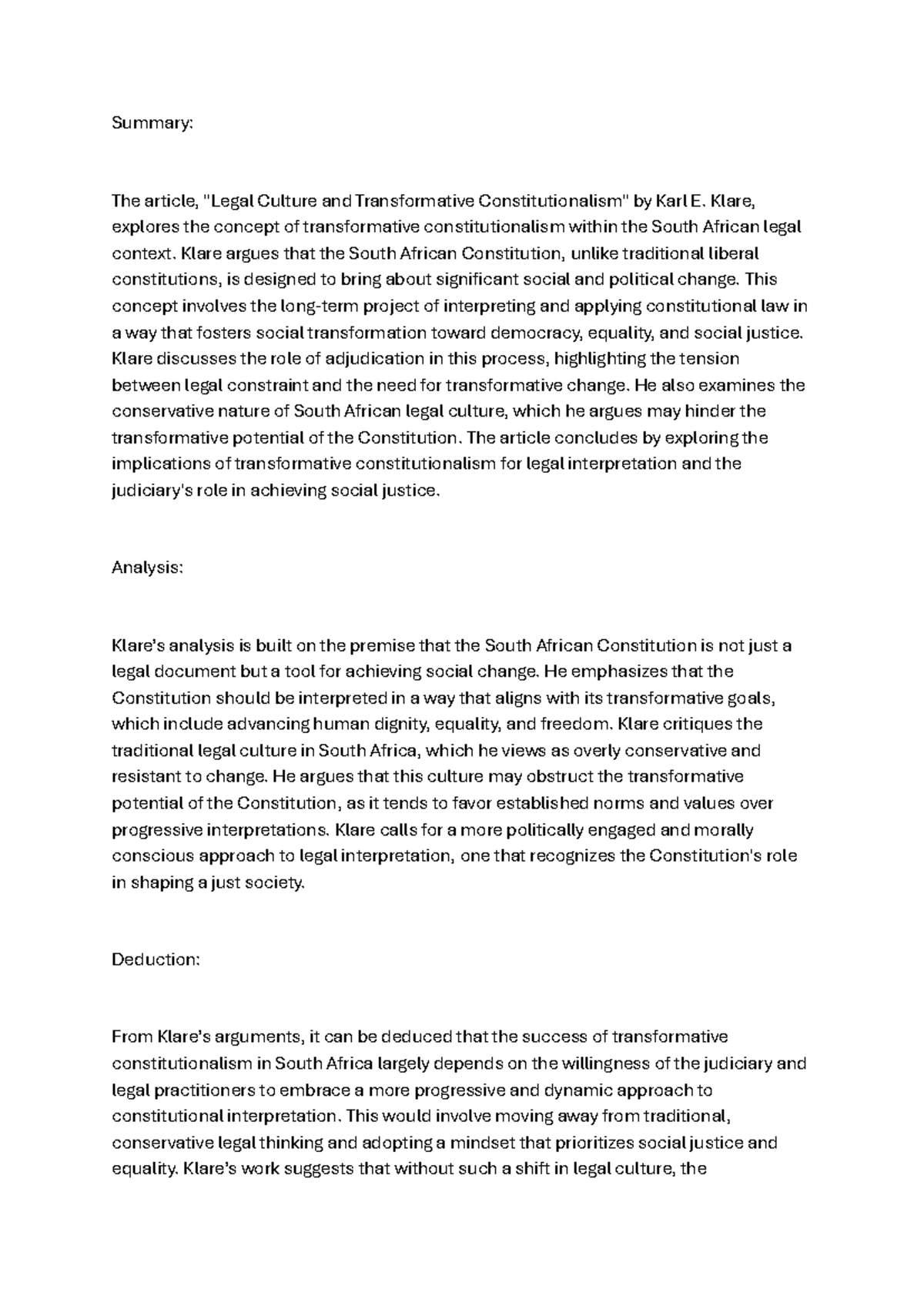 "Legal Culture and Transformative Constitutionalism" by Karl E. Klare ...