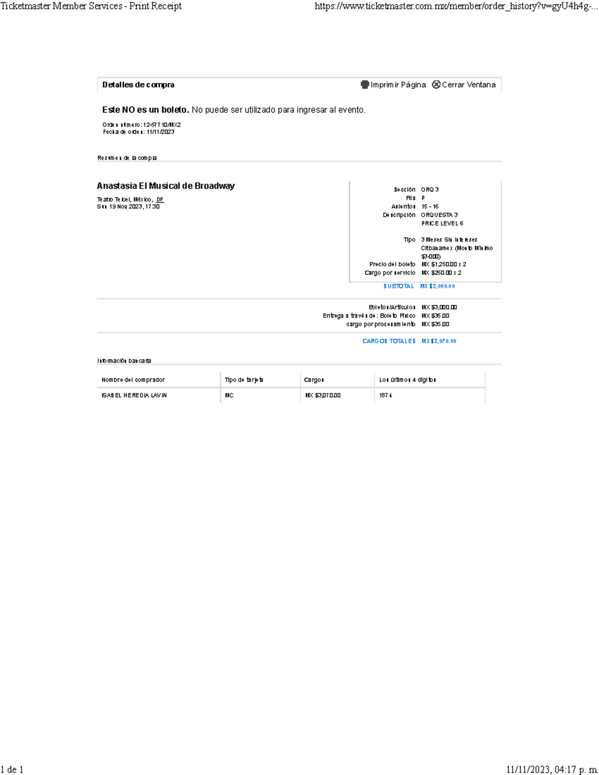 Ticketmaster Member Services - Print Receipt - Detalles de compra ...
