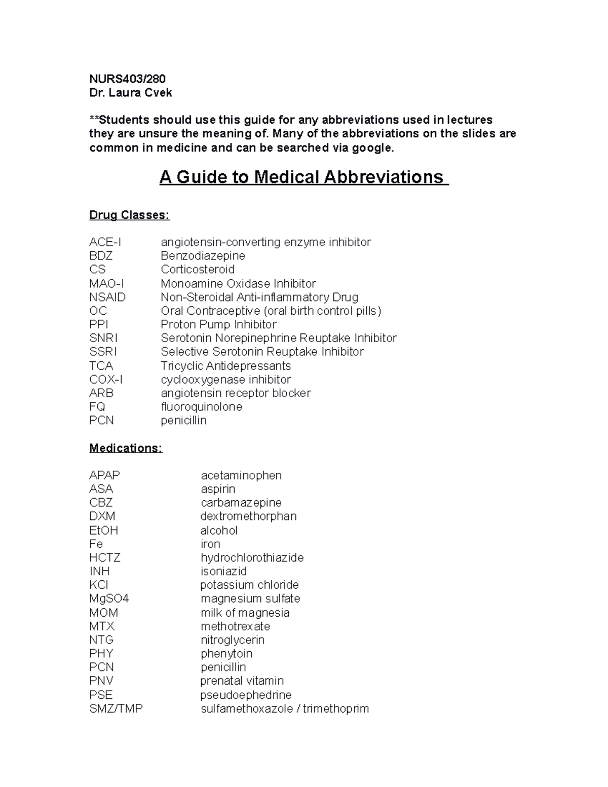 A Quick Guide to Medical Abbreviations 1 - NURS403/ Dr. Laura Cvek ...